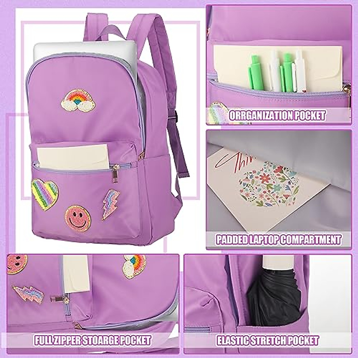 Sotiff Lightweight Backpack Preppy Patches Nylon Backpack Rainbow Heart Smile Waterproof Travel Bag Pack (Purple)