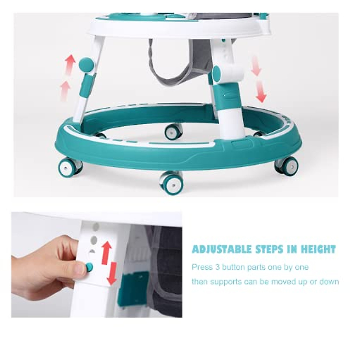 Jmoermif Baby Walkers with Enlarged Chassis and Easy Clean Tray, Universal Height Adjustable Walker Wheeled Walker, Anti-Rollover Folding Walker Suitable for Girls Boys 6-18Months Toddler Baby Walkers