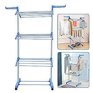 TFCFL 66” 3 Tier Clothes Drying Rack, Upthehill Collapsible Rolling Stainless Laundry Dryer Hanger with Foldable Wings and Casters Collapsible Garment Laundry Rack for Indoor/Outdoor (Blue)