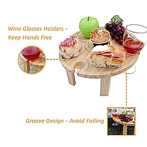 YWMSGM Outdoor Folding Picnic Table, Wooden Portable Cheese Tray or Fruit Snack Compartment Tray with 4 Wine Glass Holders, No Assembly Required, Suitable for Potluck Camping, Beach Concert