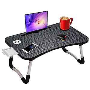 Laptop Table Bed Desk Tray Upgraded with USB Ports, Pad & Cup Holder, Drawer - for Bed/Sofa/Couch/Floor/Work/Study/Reading/Writing/Drawing/Homework - Foldable & Portable Breakfast Table Lap Desk