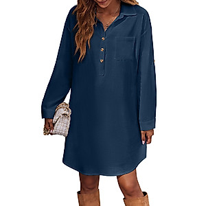 Zeagoo Long Sleeve Shirt Dress Summer Casual Cotton Dress Button Down Mini Dress,navy,XXL