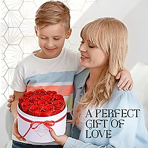 GLAMOUR BOUTIQUE Forever Flower Gift Box: 12 Real Preserved Roses in Round Velvet White Box, Handmade, Rose Petals, Birthday, Marriage,Anniversary, Graduation - Red