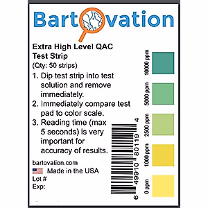 Very High Level Quaternary Ammonium (QAC, Multi Quat) Sanitizer Test Strips, 0-10,000 ppm [Vial of 50 Strips]