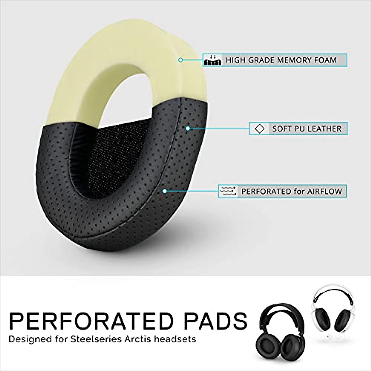 Enhanced Arctis Earpads for 1, 3, 5, 7, 9, Pro & Prime Headphones, with Real Memory Foam, PU Leather Perforated, Upgrade Over Standard Arctis Ear Cushions by Brainwavz (Black)