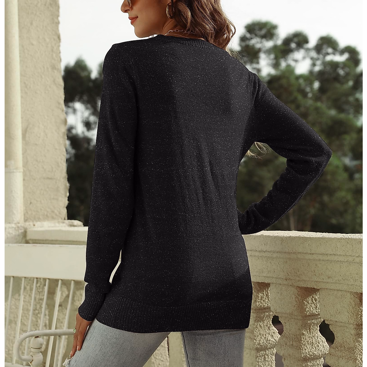 DUTUT Women's Long Sleeve Glitter Tops Crewneck Pullover Sweater Basic Casual Solid Color Tunic Tops Fall Soft Sweater Black