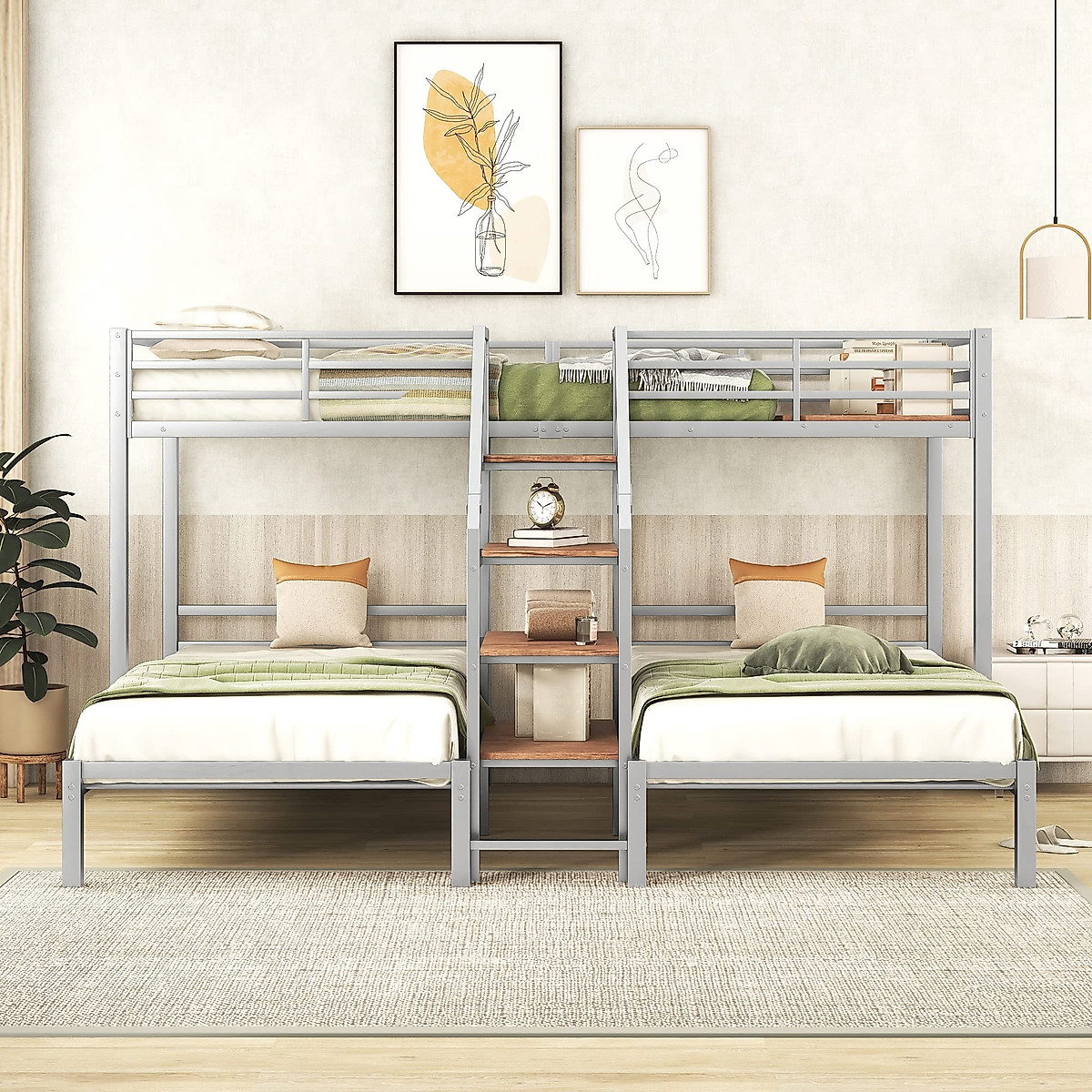 Harper & Bright Designs Metal Triple Bunk Bed with Storage Stairs, Twin Over Twin & Twin Bunk Bed for 3, Bunk Bed with Shelves for Kids Teens Adults, No Box Spring Needed,Silver