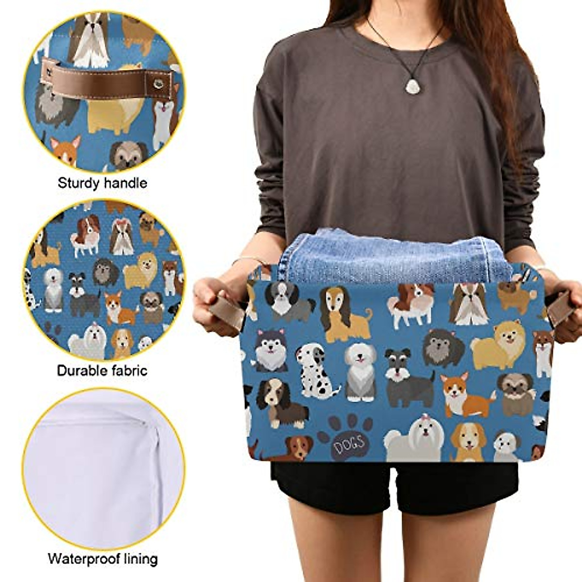 Cute Dogs Puppy Storage Bin Collapsible with Handle Rectangle Waterproof Cute Dog Puppy Basket for Storage Cube Closet Organizer for Toy Nursery Book Office Shelf Bathroom