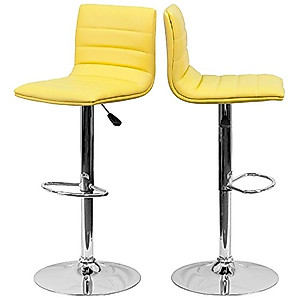 Modern Barstools Horizontal Line Design Hydraulic Adjustable Height 360-Degree Swivel Seat Sturdy Steel Frame Chrome Base Dining Chair Bar Pub Stool Home Office Furniture - Set of 2 Yellow #1980