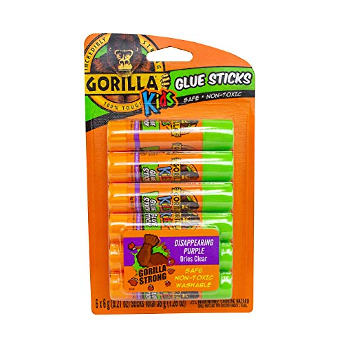 Gorilla Kids Disappearing Purple Glue Sticks, Six 6 Gram Sticks, (Pack of 1)