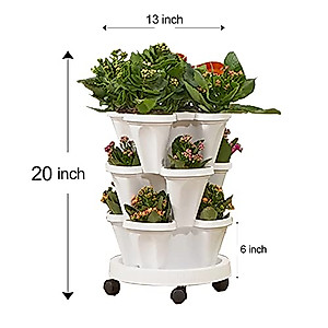 Tectsia Strawberry Vertical Planter Tower Garden, 3 Tiered Planter Stackable Herb Garden Planter with Movable Casters and Bottom Saucer Indoor and Outdoor - White