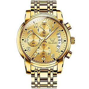 Gold Watch for Men Arabic Number Large Face Quartz Wrist Watches Stainless Steel Luxury Mens Water Resistant Luminous Chronograph Watch Calendar Display Classic Round Men's Cuff Watches Easy Read