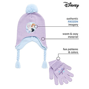 Disney Girls’ Winter Set: Ear Flap Beanie Hat, Gloves or Mittens: Elsa, Anna, Princess (Age: 2-7), Size Age 4-7, Purple Glove