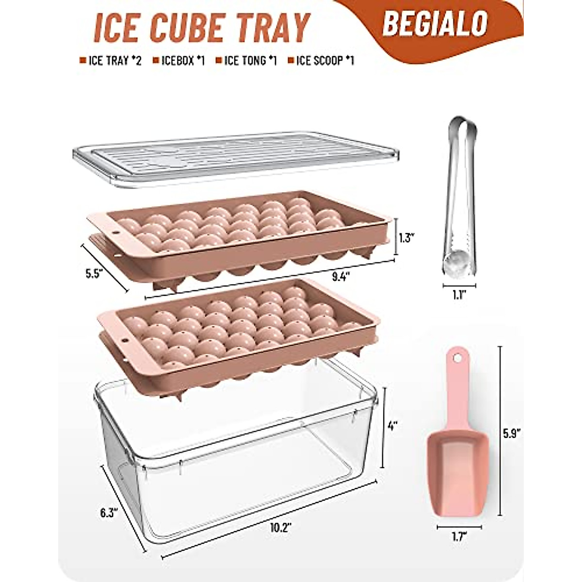 ICEDIVER Ice Cube Tray, Round Ice Trays for Freezer with Lid and Bin, Circle Ice Mold Making 66 x 1.0IN Small Ice Balls,Sphere Ice Makers with Ice Buckets Tongs & Scoop (Pink)