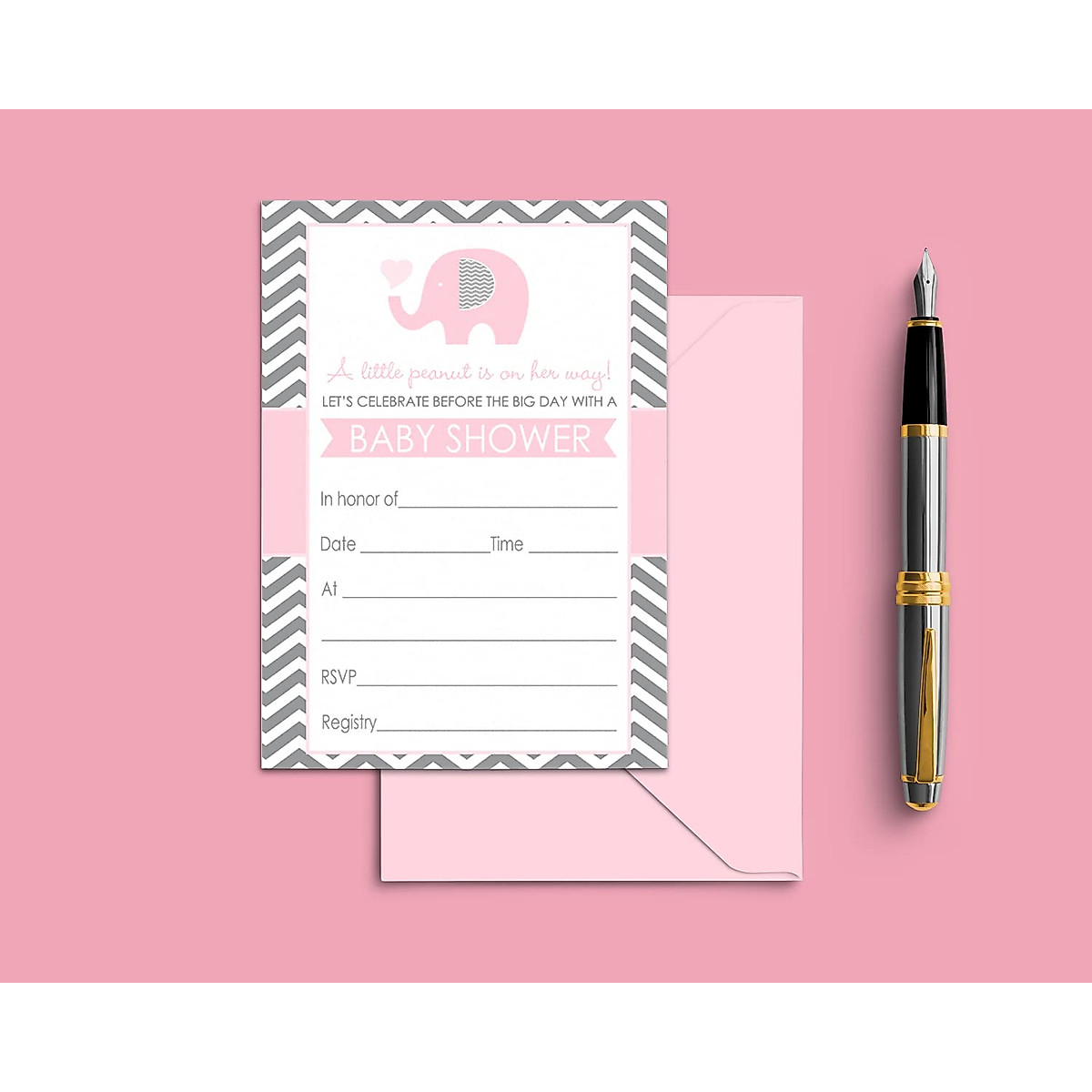 Paper Clever Party Pink Elephant Baby Shower Invitations and Envelopes (15 Pack) Baby Girls Invites for Sprinkle DIY, Cute Printed Card Set with Jungle Theme, 4x6