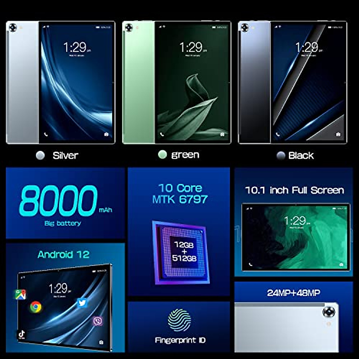SWR 10.1 inch Smartphone Tablet PC Android 12 System HD ISP Screen,Tablet Computer 10+ with Bluetooth 5.0 and Fingerprint ID,12GB RAM 512GB ROM 8000mAh Big Battery,Dual SIM and SD Card,Sliver