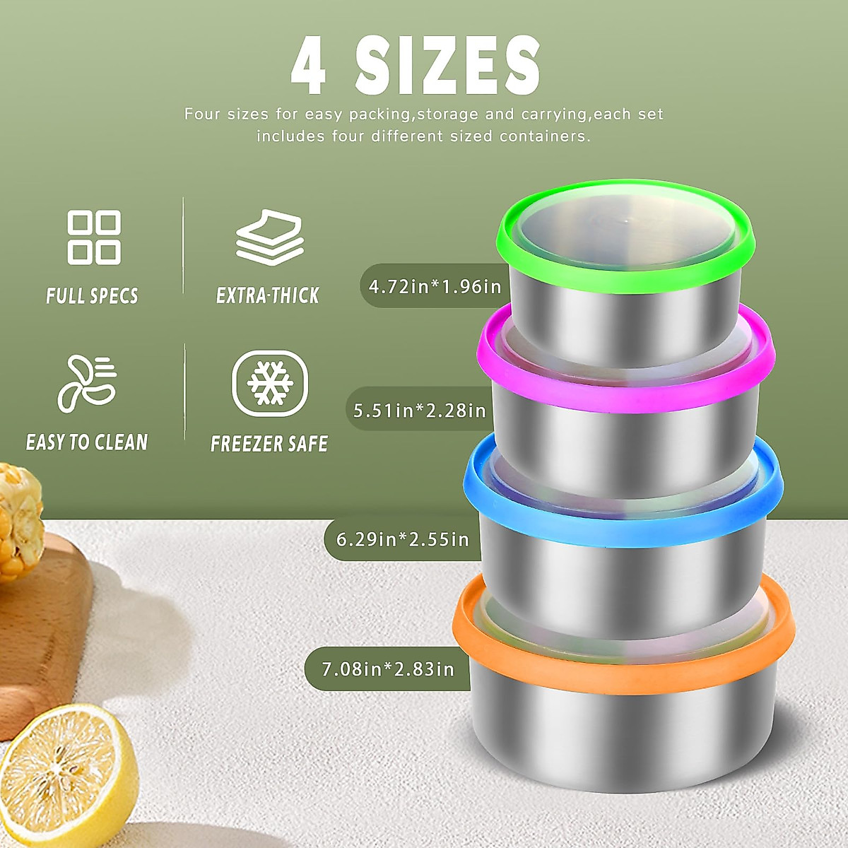 Betinyar 4pcs Stainless Steel Containers with Lids, Leak Proof Stainless Steel Food Storage, Prep Containers Metal Lunch Container for Office