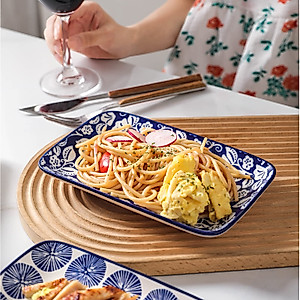 Selamica Ceramic 9.5 Inch Large Rectangular Salad Plates, Dinner Plates, Pasta Dessert Plates Serving Platters and Trays for Appetizer, Sushi, Fruit, Set of 6, Vintage Blue