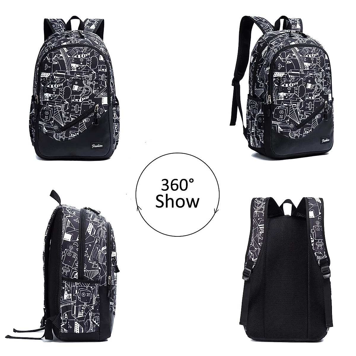 Ozmego Boys School Backpacks Midlle School College Bookbag for Teens Boys Girls (Black Print)