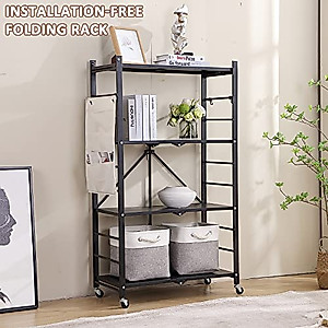 Foldable 4-Tier Heavy Duty Metal Storage Rack with Wheels, Organizer Shelves for Garage Kitchen, Easy Assembly, Freestanding Wire Shelf Rack for Pantry, Basement, and Closet Organization, Black