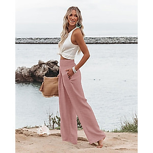 Women's Plus Size Pure Color Pants Elastic High Waist Wide Leg Palazzo Lounge Smocked Casual Trousers Pink 3XL