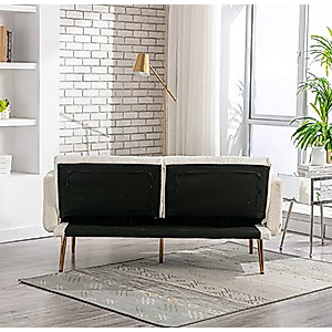 Antetek Futon Sofa Bed with 3 Adjustable Positions, Small Sleeper Sofa Loveseat with 2 Decorative Pillows, Modern Upholstered Convertible Couch with 5 Metal Tapered Legs, White Teddy