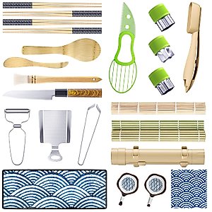 ARTTHOME. Sushi Making Kit for Beginners and Culinarian -23 Pieces Sushi Maker Kit with Sushi Roller Bamboo Mat Bazooka Mold Chopsticks Slicer Spreader Knife Dipping Plate