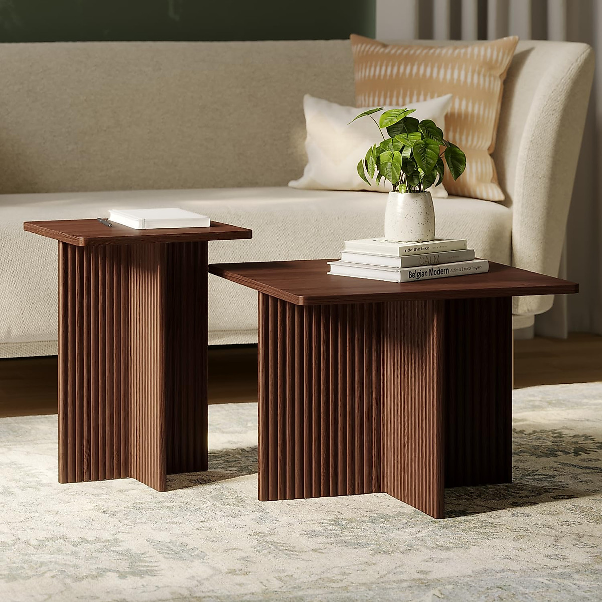Square Fluted Nesting Coffee Table - Low Profile 2 Piece Square Coffee Table Set - Living Room Furniture - Modern Home Decor - Solid Oak Base (Walnut)
