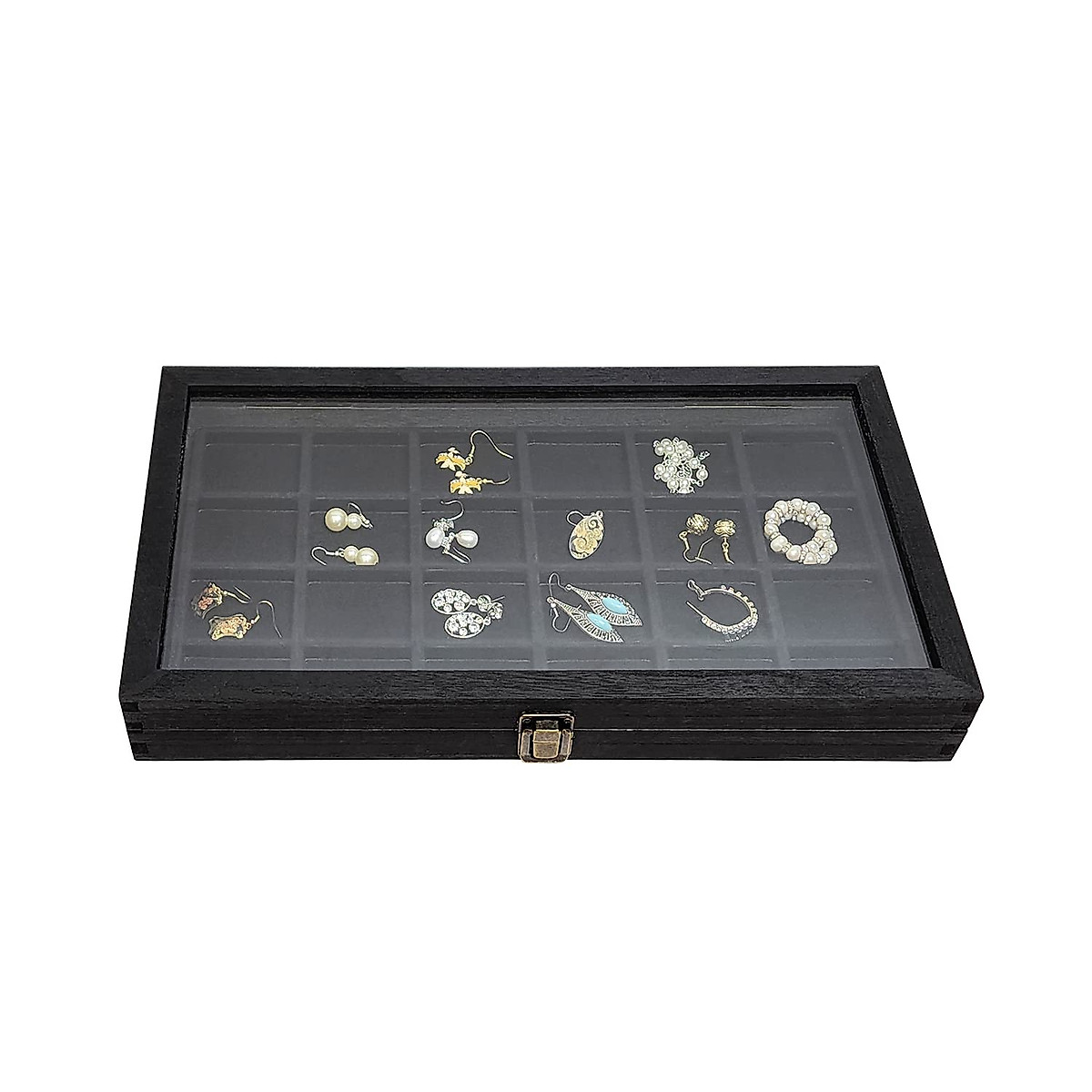 MOOCA Natural Wood Tempered Glass Top Jewelry Display Case Accessories Storage Box with Metal Clasp & Removable 24 Compartment Flocked Tray Liner, Wooden Jewelry Tray for Collectibles, Black