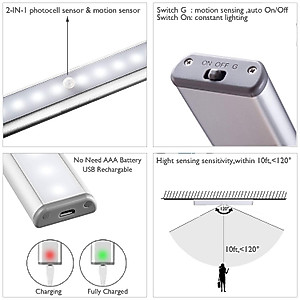 MOSTON Motion Sensor Closet Lights, 3 Pack 20 LED Cordless Under Cabinet Lighting with Built-in Rechargeable Battery, Stick-on Anywhere Magnetic Night Lamp for Cupboard Cabinet Kitchen Stairs