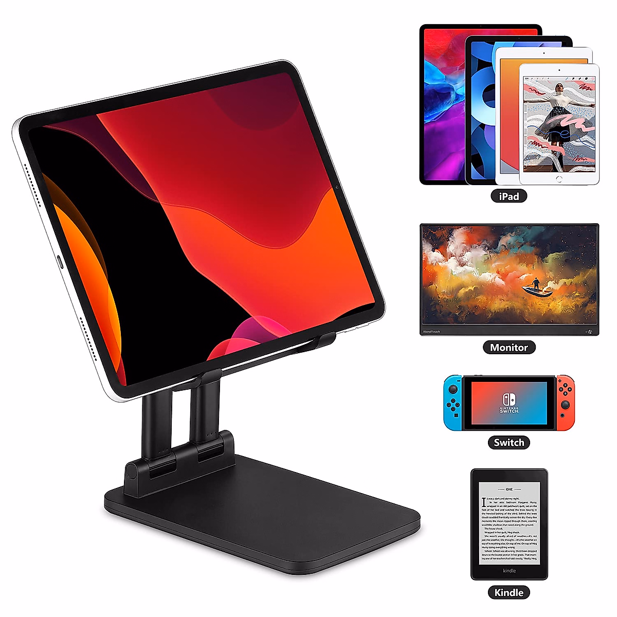 PEPPER JOBS Tablet Stand, Portable Monitor Stand 6.69 * 4.72" Wide, Dual Tube Foldable & Adjustable, iPad Stand Compatible with iPad Pro 11, 12.9, iPad Mini, Up to 15.6" Portable Monitor (Black)