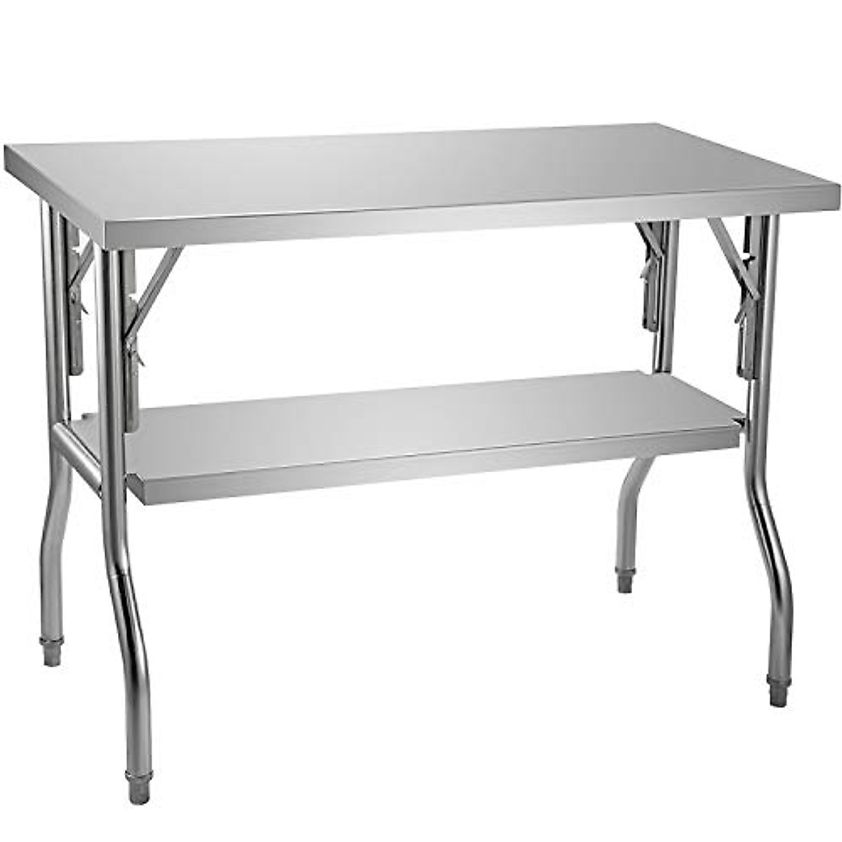 VEVOR 48x30 Inch Commercial Prep, Double-Shelf Folding Work Table with 772 lbs Load Silver Stainless Steel Kitchen Island, 30 x 48 Inch