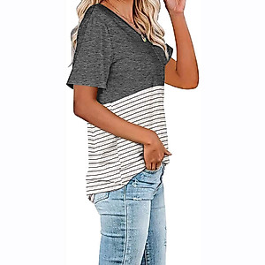 Bravetoshop Women Basic Tees Shirts Short Sleeve V Neck Classic Striped T Shirts Casual Summer Plus Size Blouse (Gray,XXL)