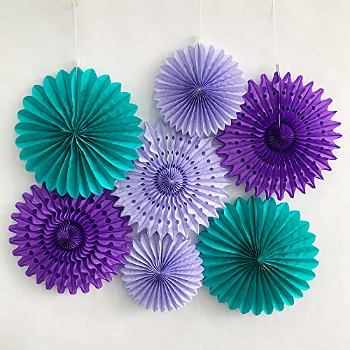 7Pcs Teal Purple Lavender Hanging Paper Fans Mermaid Birthday Under The Sea Party Little Girl Baby Shower Decorations (Purple Teal)