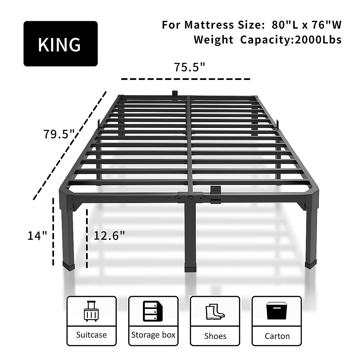 Superay 14 Inch Metal King Size Bed Frame with Mattress Slide Stopper - Double Black Basic Steel Slats Platform, Easy Assembly Heavy Duty Noise Free Bedframes, No Box Spring Needed