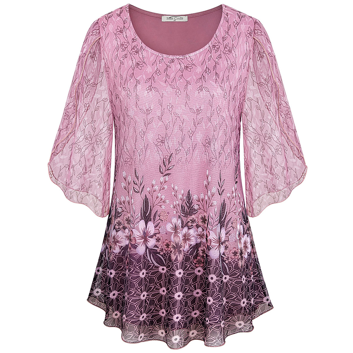 SeSe Code Plus Size Floral Tops to Hide Belly for Women Chiffon Blouses for Work Profession Loose Fitting Tops Flowy Cute Shirts Bell Sleeve Fall Clothes Pink 3XL