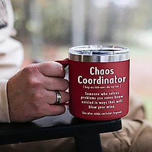 Chaos Coordinator Mug Tumbler - Unique Funny Gift for Boss Women, Men, Manager, Coworker, Teacher, Nurse - Birthday Christmas Thank You Gift - 14 Oz Coffee Insulated Mug