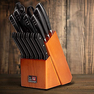 Premium 15-Piece German High Carbon Stainless Steel Kitchen Knives Set with Rubber Wood Block, Professional Double Forged Full Tang Chef Knife Set