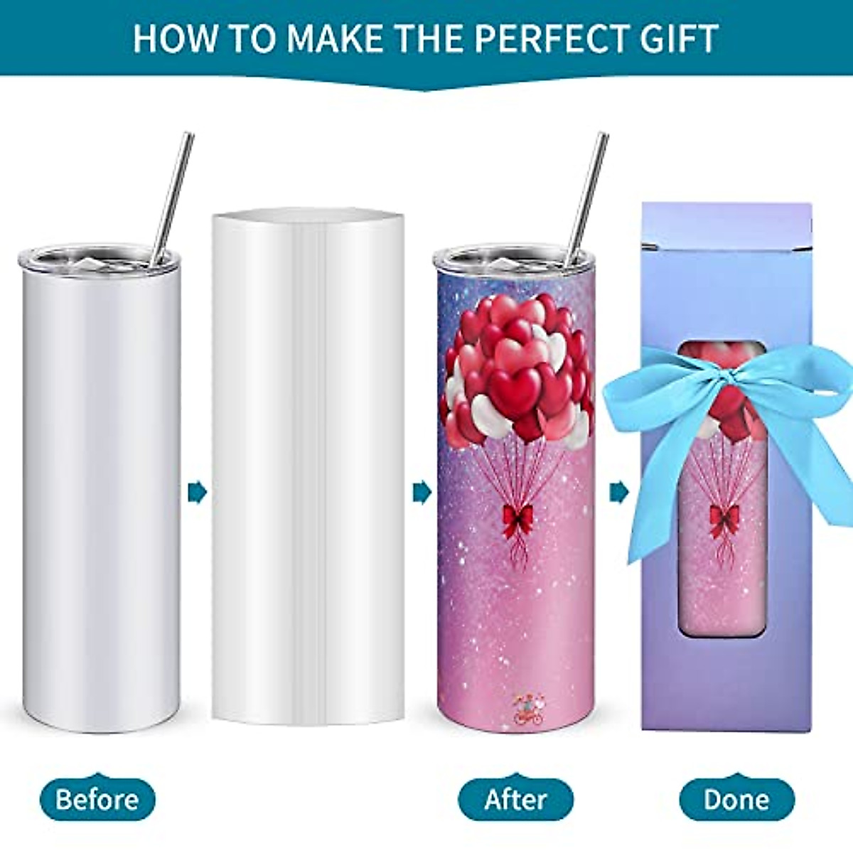 MAFYE Sublimation Tumblers, 6pack 20 oz Skinny Straight Tumbler with Straw Lids, Sublimation Shrink Wrap & Tumbler Cards Sublimation Blanks Product Stainless Steel Tumbler for Mug Press, Present Box