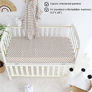 LifeTree Fitted Crib Sheets for Boys Girls & Neutral, Muslin Baby Sheet Fits Standard Crib and Toddler Mattresses, Soft, Checkered Print, 70% Viscose from Bamboo and 30% Cotton 28in x 52in