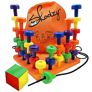 Skoolzy Montessori Sensory Peg Board 34 Piece Set - Develop Sensory Play Occupational Therapy STEM Learning Educational Toys for Kids 2+ - Includes Foam Board, Lacing String, Dice, Storage Bag, eBook