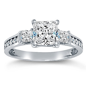 Size 7 - Solid 925 Sterling Silver CZ Cubic Zirconia 3 Three Stone Engagement Ring - Princess Cut Solitaire with Round Side Stones (1.75cttw., 1.5ct. Center) - With Elegant Velvet Ring Box