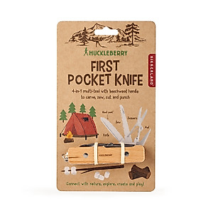 Kikkerland Huckleberry First Pocket Knife, Compact 4 in 1 Tools, Lightweight, Wood Handle, Stainless Steel, Keyring, For Camping, Hiking and Fishing