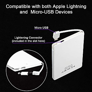 Attom Tech 2500mAh Power Bank Mini,Back-up Phone Battery Pack Ultra Slim,Pocket Size Thin External Phone Battery Pack Emergency Phone Power Built-in Charging Cable for Android Micro USB and Apple(WHT)
