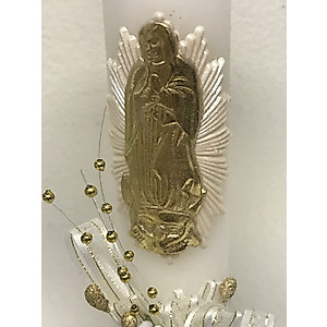 Baptism Candle Our Lady of Guadalupe Crystals Cross lace and Ribbon Favor,Christening,Blessing Day,Communion Candle,Christening Ceremony Candle (Gold)