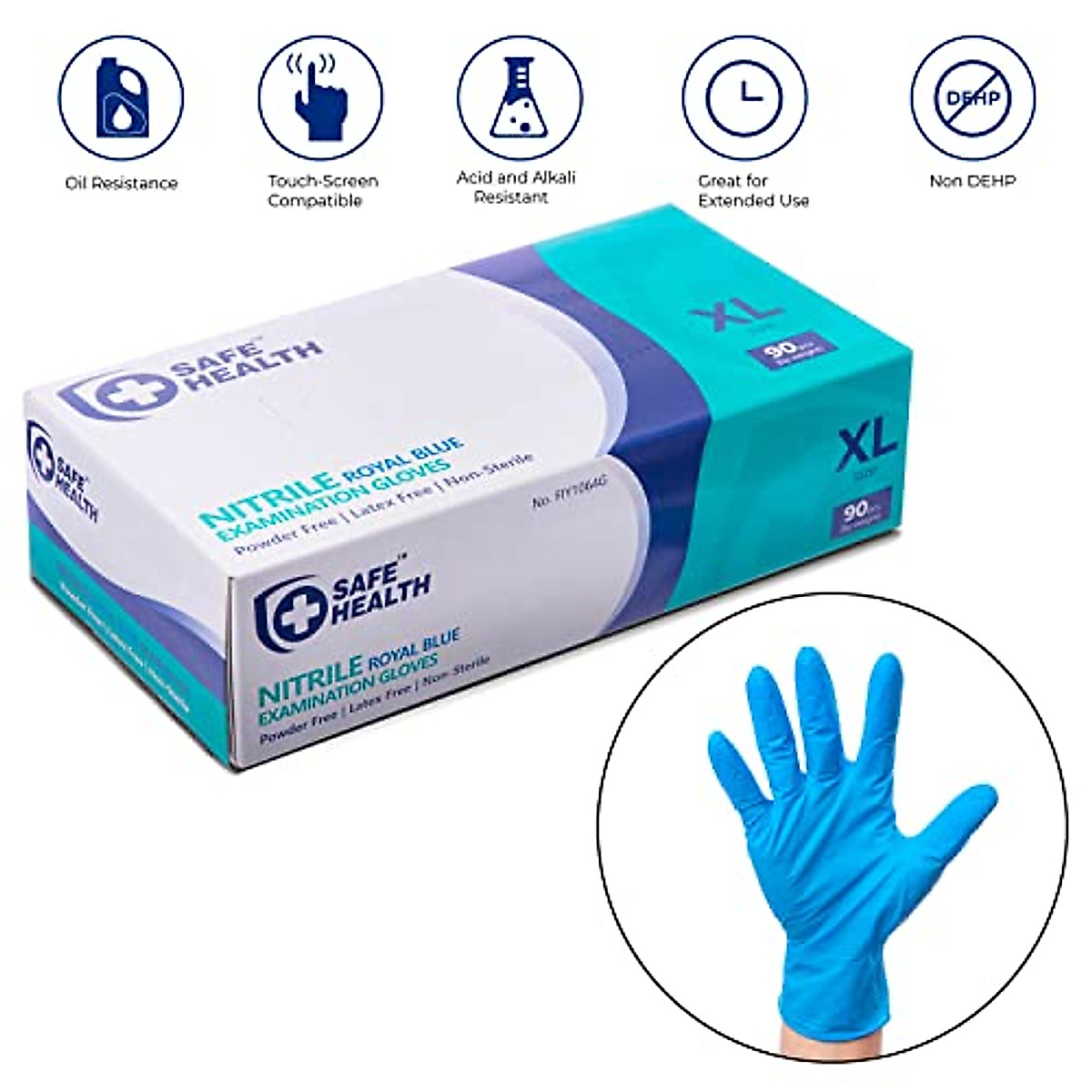 Safe Health Blue Nitrile Exam Gloves, 90-Count S M L XL, 3.5 Mil Free of Powder-Latex, Disposable-Textured, Clinic-Office-Daily, Medical, First-Aid, Clinics, Extra-large (Xl) Box 90, FIY1064G