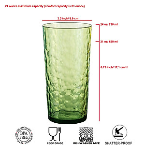 ZAINCA 24-ounce Plastic Tumblers, Acrylic Drinking Glasses High-Balls, Reusable Plastic Cups, set of 8 Green, Hammered Style Stackable, BPA-Free, Shatter-Proof, Dishwasher-Safe
