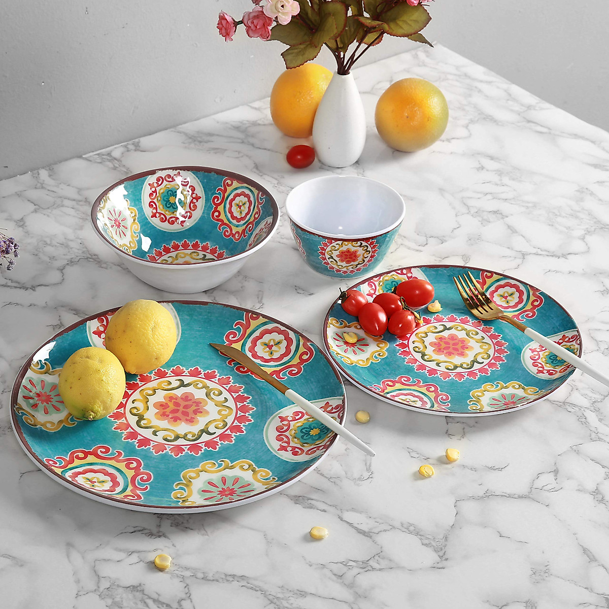 Yinshine 16pcs Melamine Dinnerware Set for 4, Outdoor and Indoor Dinner Dishes Set for Everyday Use, Break-resistant, Turquoise