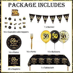 Augweyang 50th Birthday Party Decorations Supplies Tableware Set for Men Women Including 16 Plates 20 Napkins 1 Tablecloth 1 Banner 16 Forks 15 Balloons 16 Cupcake Toppers Serve 16