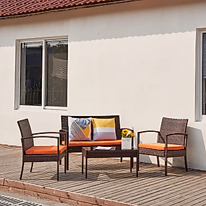 Hubhalsun Patio Wicker 4 Piece Set for Outdoors,Garden Wicker Funiture for Backyard, Indoor Rattan Chair, 4-Person Seating Group with Cushion (Orange)